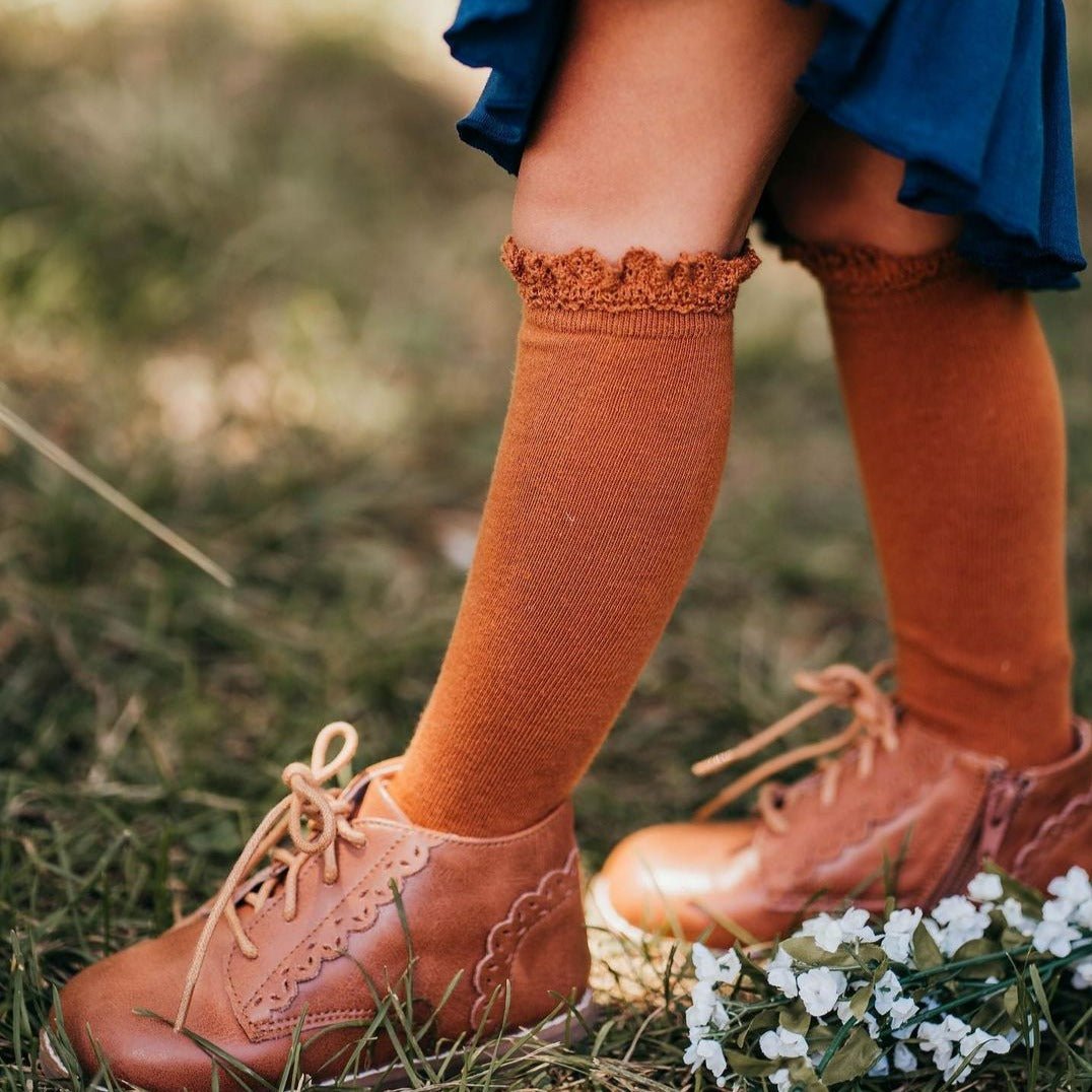 Sugar Almond Fancy Lace Top Knee High Socks | Bee Like Kids